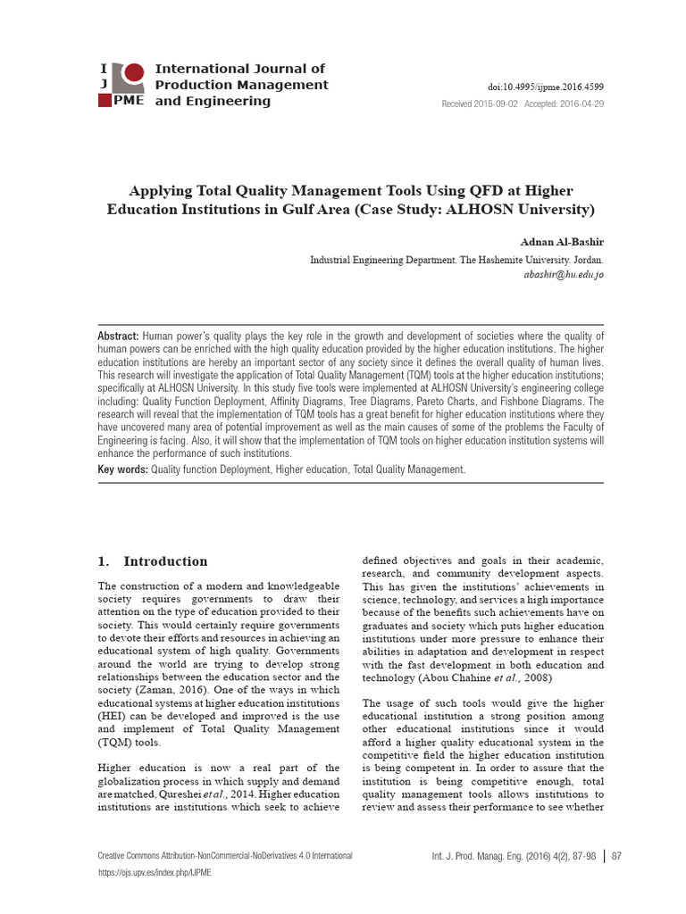 Applying Total Quality Management Tools Using QFD at Higher Education Institutions in Gulf Area ...