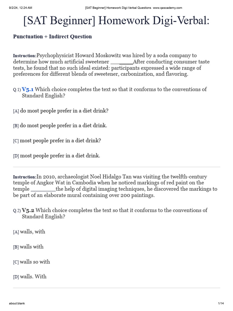 (SAT Beginner) Homework Digi-Verbal Questions | PDF