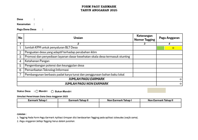 Form Pagu Earmark Tahun 2025 | PDF