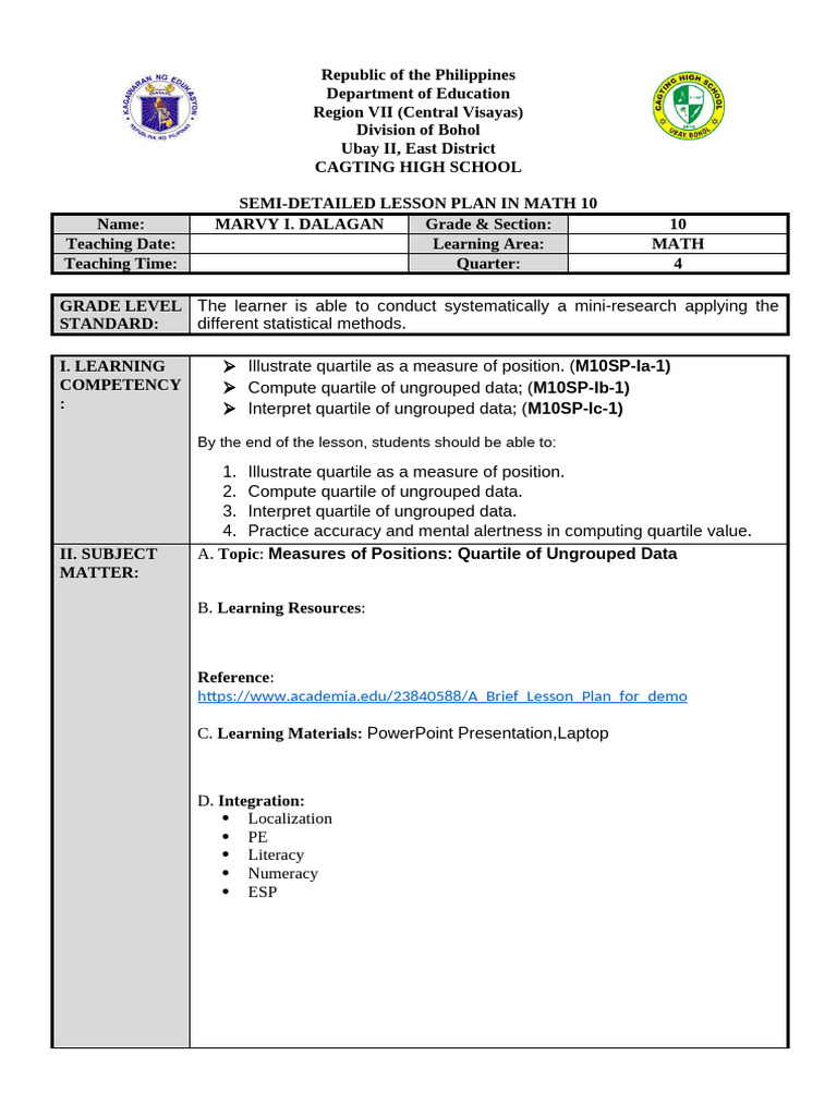 Math 10 Lesson Plan: Quartiles Explained | PDF | Quartile | Data