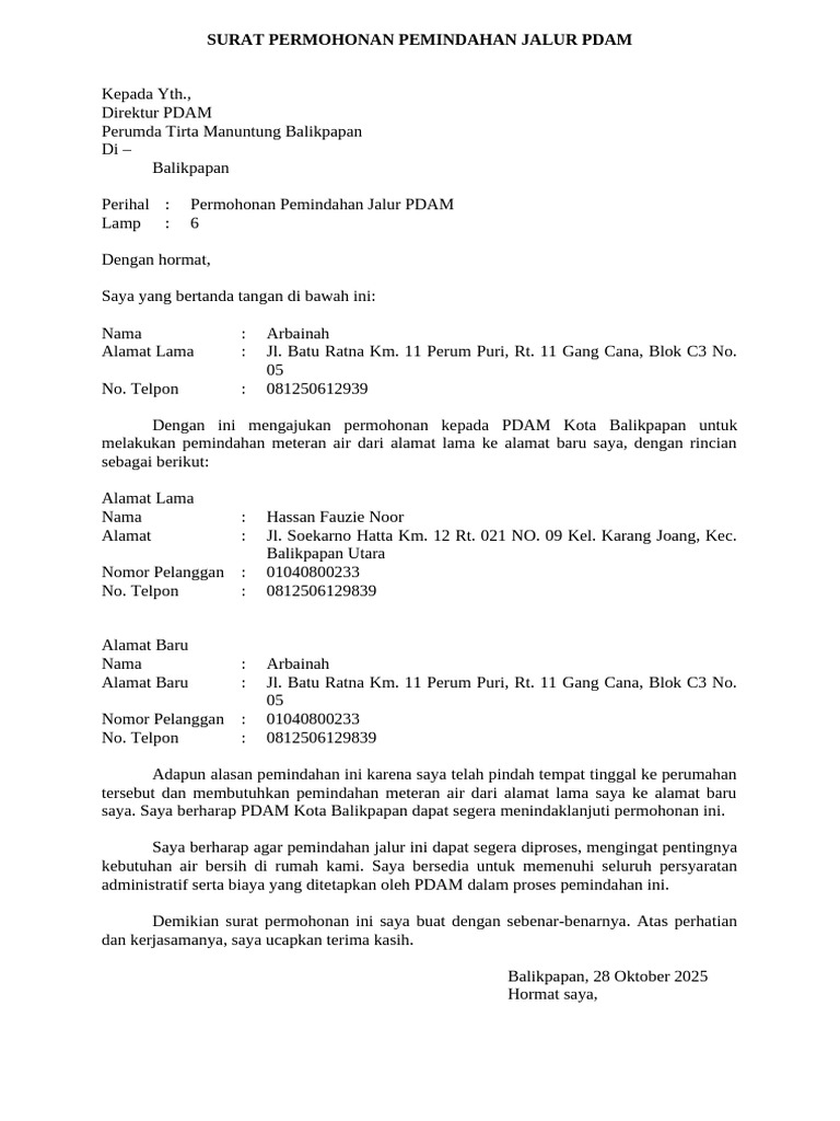 Permohonan Pemindahan PDAM | PDF