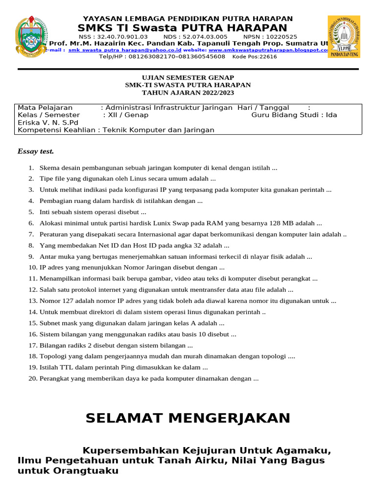 Soal Produktif TKJ XII Tahun 2023 | PDF
