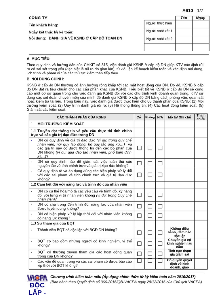 A610 Danh Gia HT KSNB o Cap Do Doanh Nghiep (X) | PDF