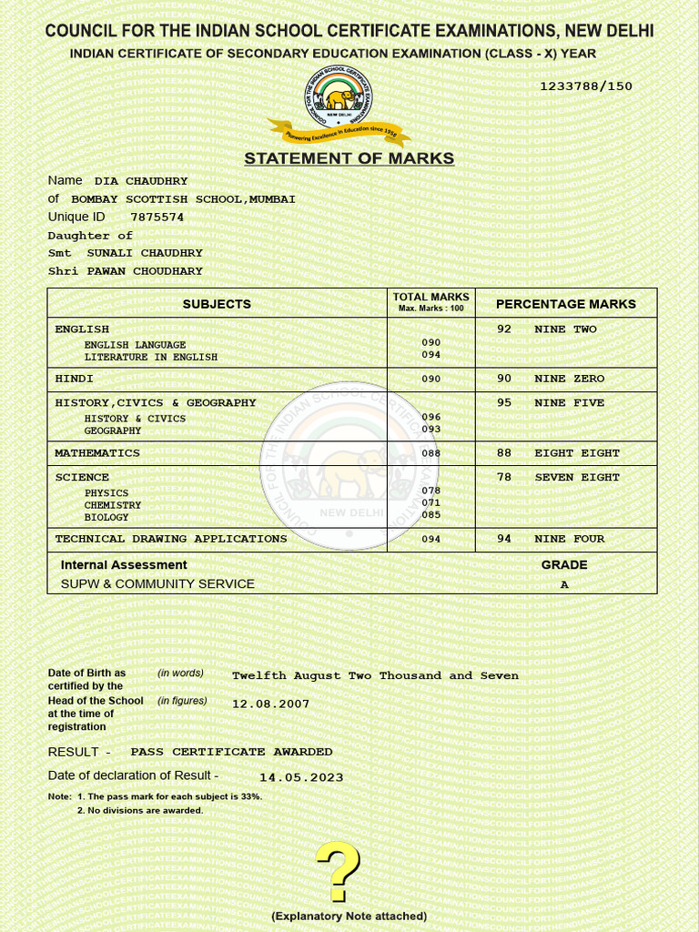 Dia Chaudhry - Icse Marksheet | PDF
