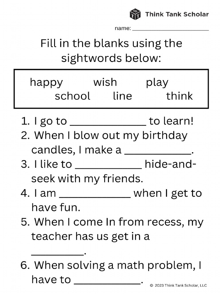 Free Sightword Word Fill in The Blanks Sentence Writing Lesson ...