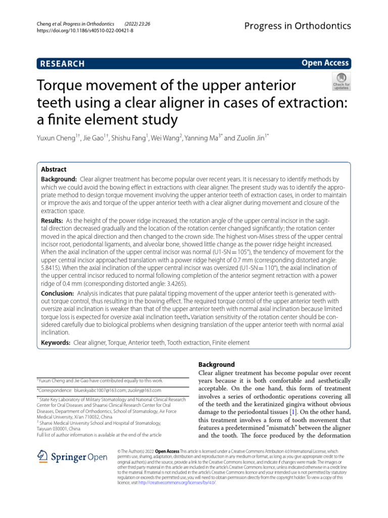 Cheng PIOR 2022 (Torque Aligners FEA) | PDF | Orthodontics | Tooth
