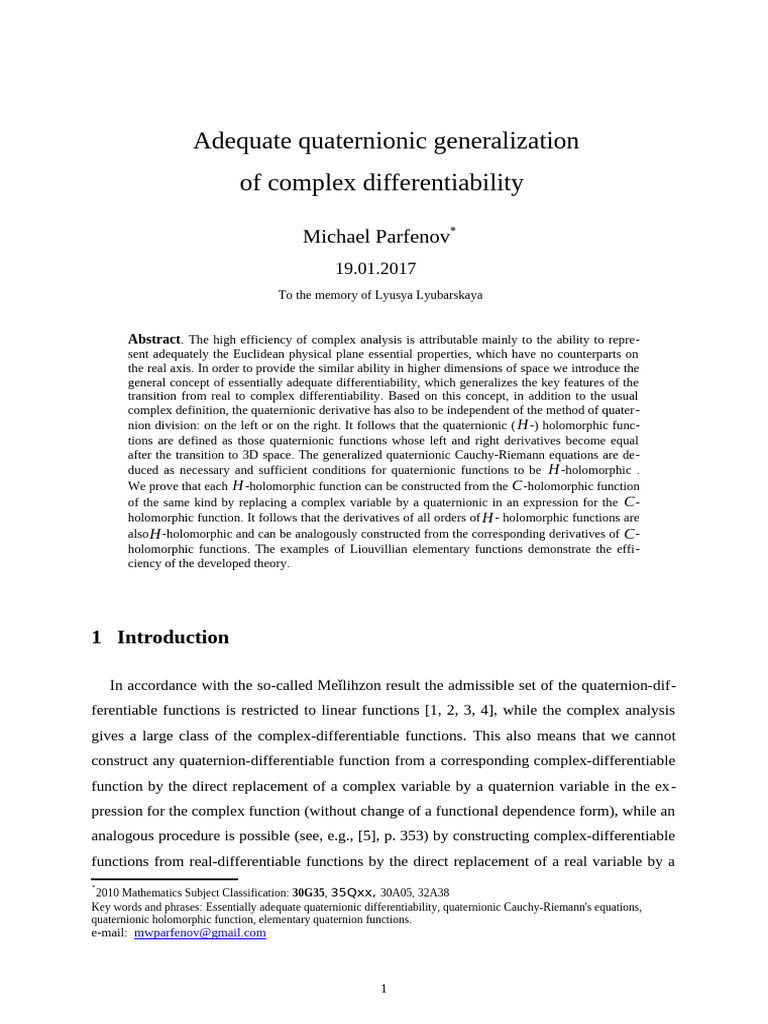 Adequate Quaternionic Generalization of Complex Differentiability | PDF | Norm (Mathematics ...