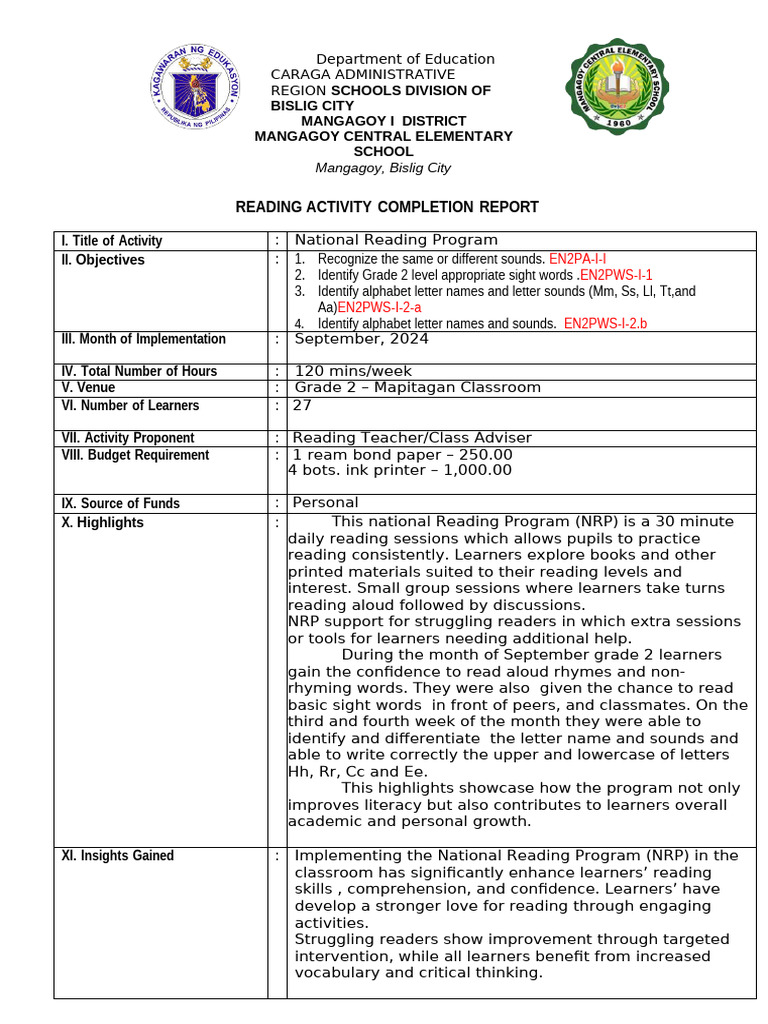 ACCOMPLISHMENT-REPORT-SEPTEMBER | PDF | Reading Comprehension | Reading (Process)