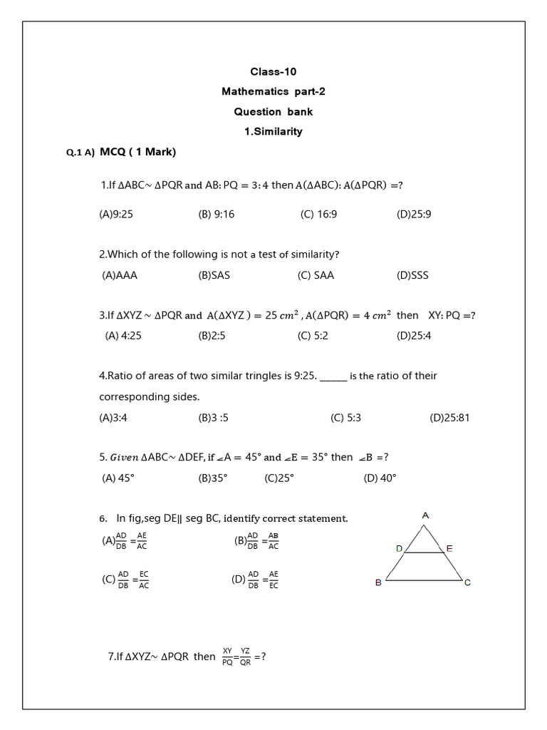 Class 10 Similarity Question Bank | PDF | Mathematics | Geometric Shapes