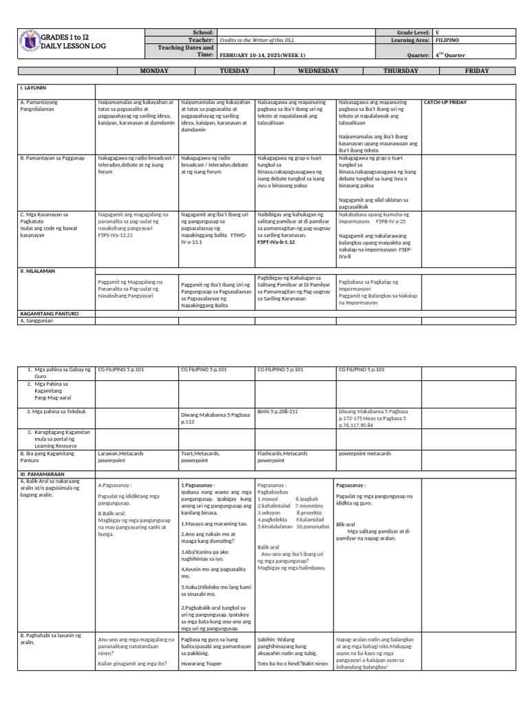 Grade 5 DLL FILIPINO 5 Q4 Week 1 | PDF