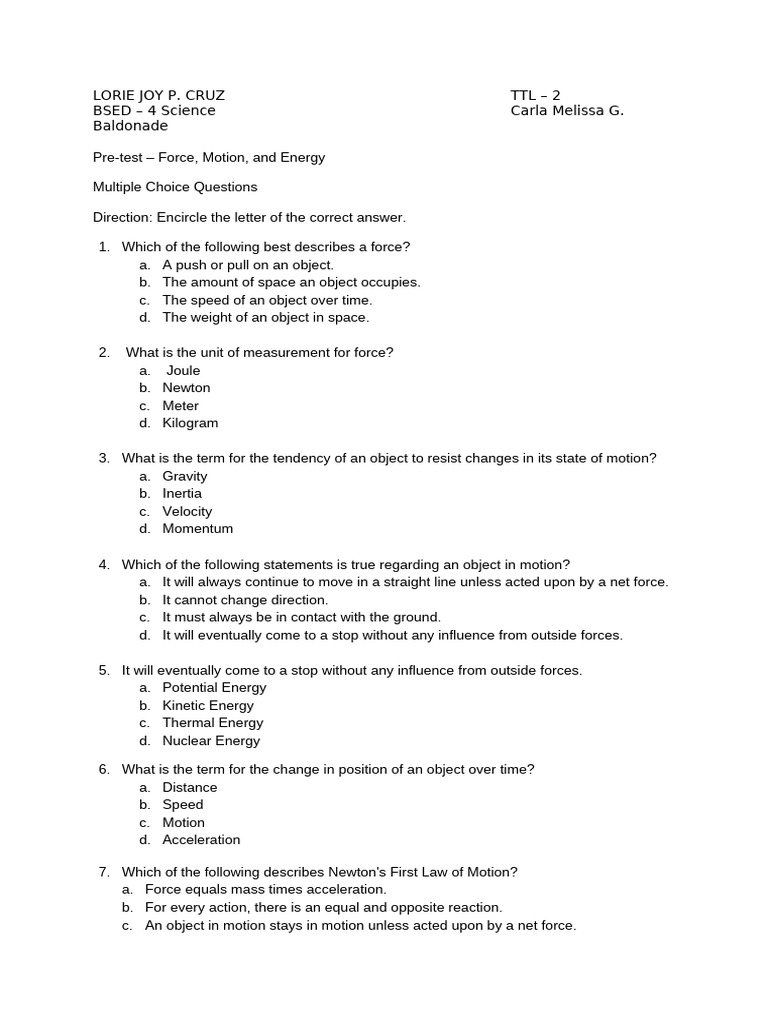 Pre-test and Post-test | PDF | Force | Acceleration