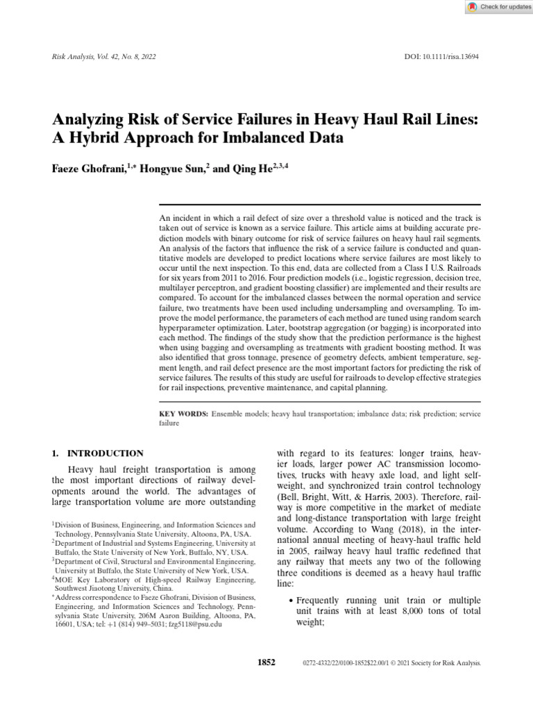 Risk Analysis - 2021 - Ghofrani - Analyzing Risk of Service Failures in Heavy Haul Rail Lines A ...