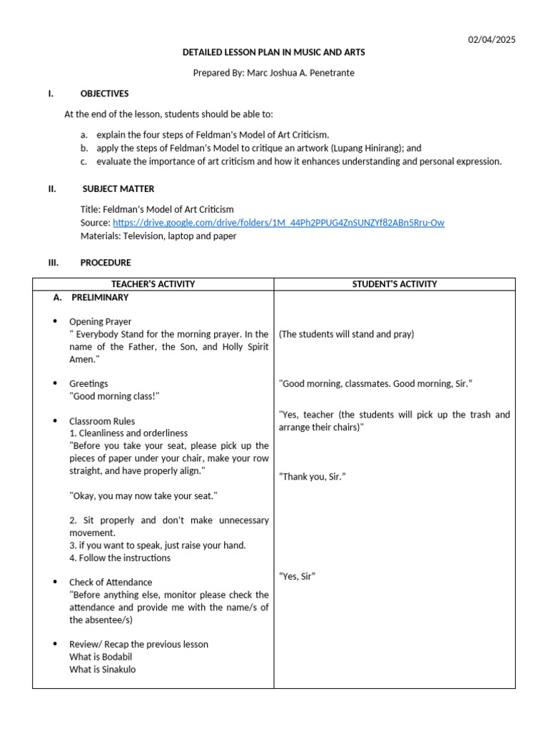 Art Criticism Lesson Plan | PDF | Emotions