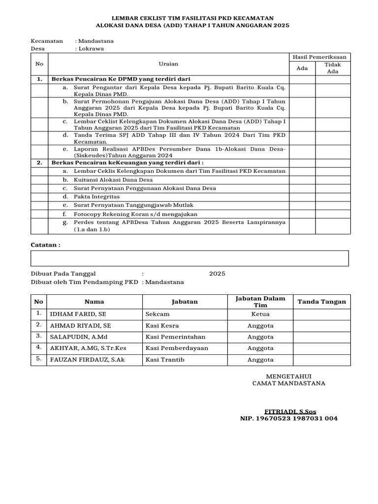 A. Lembar Ceklis Alokasi Dana Desa Tahap 1 Tahun 2025 | PDF