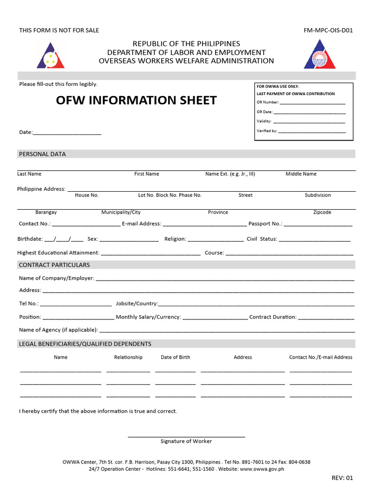 OFW Information Sheet Form with notation | PDF | Labor