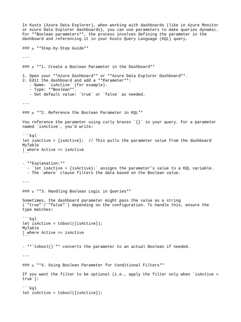 Using Dashboard Parameter In Kusto Query Pdf Boolean Data Type
