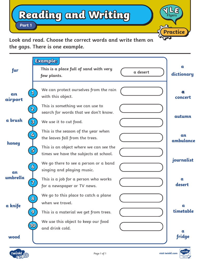 T 1721054741 Yle Flyers Reading and Writing Part 1 Kids A2 - Ver - 2 | PDF