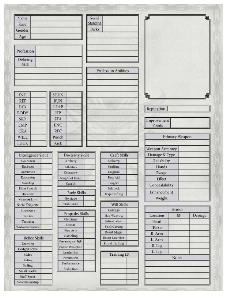 Idoc - Tips Fillable Witcher Character Sheet | PDF