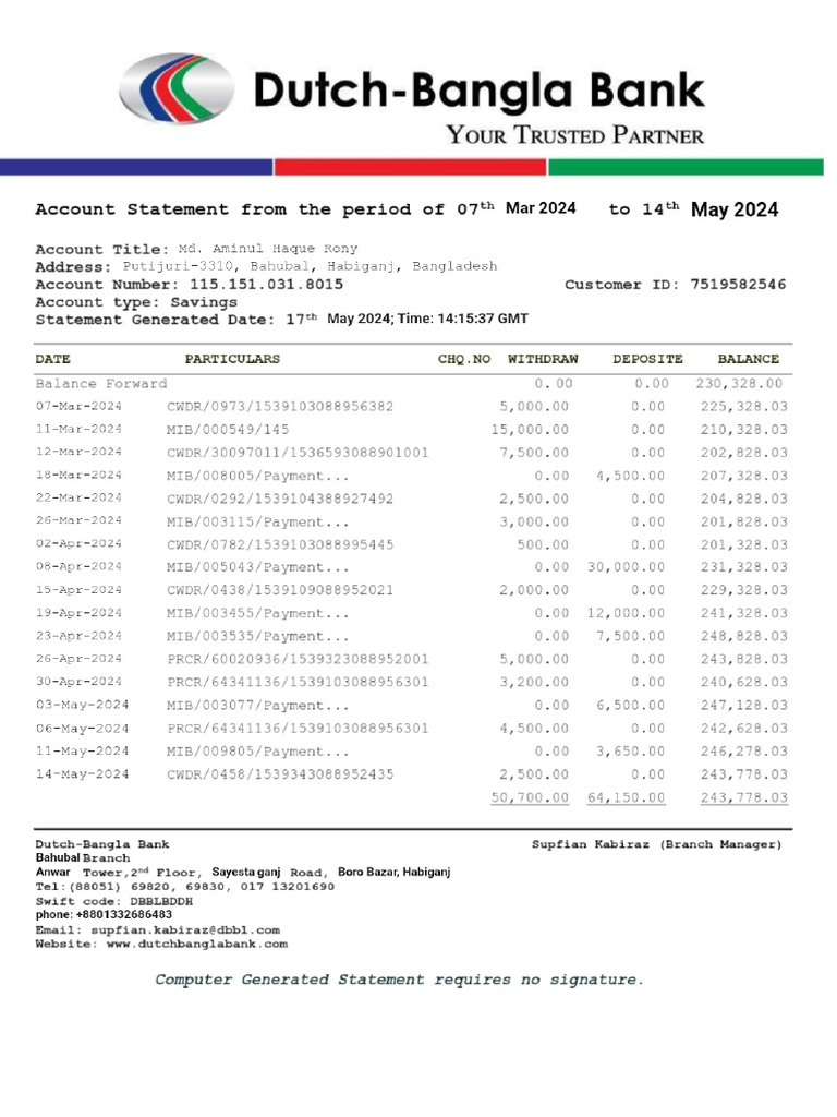 Dutch Bangla Bank Statement | PDF