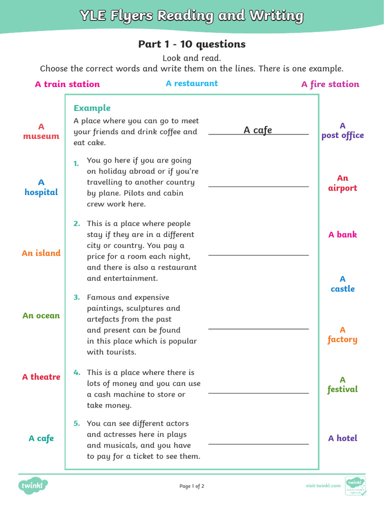 T e 1683659816 Esl Yle Flyers Reading and Writing Part 1 Worksheet Places Kids A2 - Ver - 2 | PDF