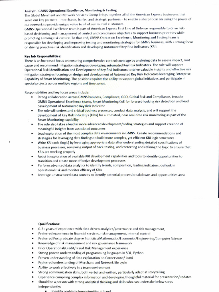 GMNS Operational Excellence Analyst Role | PDF | Analytics | Risk