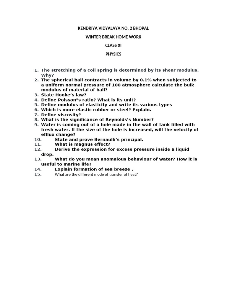 Phy Winter Break HW 2024-25 Class XI | PDF