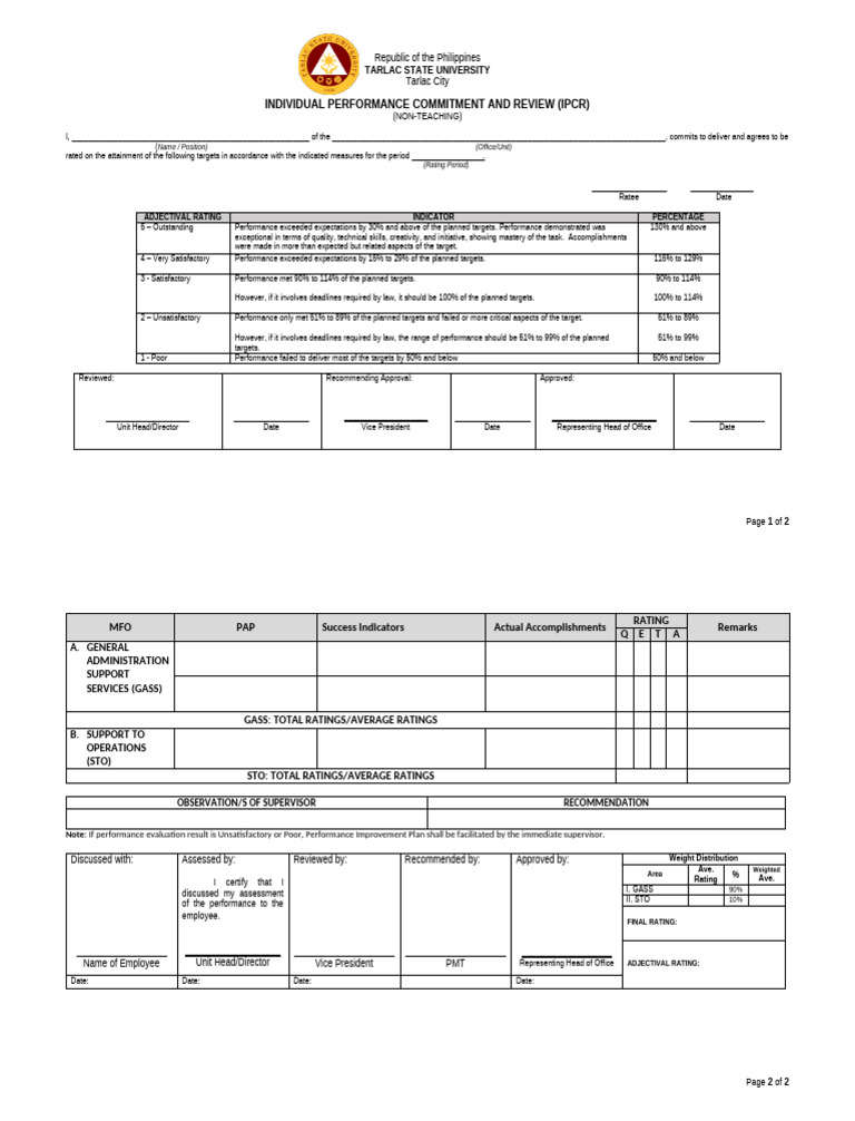 Revised Ipcr Form for Non Teaching as of July 21 2022 | PDF | Business
