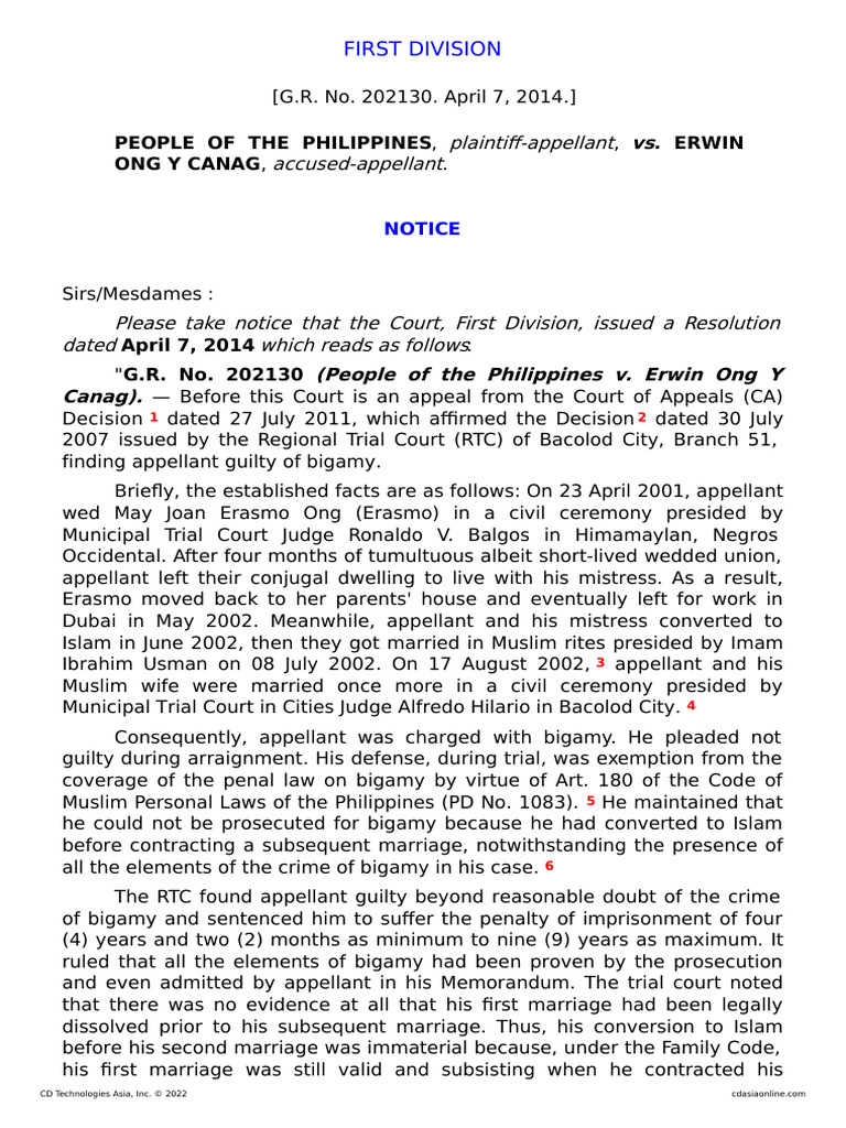 G.R. No. 202130 (Notice) - People v. Ong y Canag | PDF | Marriage | Sharia