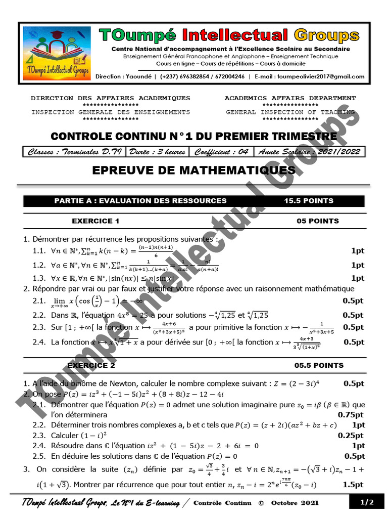 Contrôle Continu Maths T1 2021 | PDF | Nombre complexe | Analyse ...