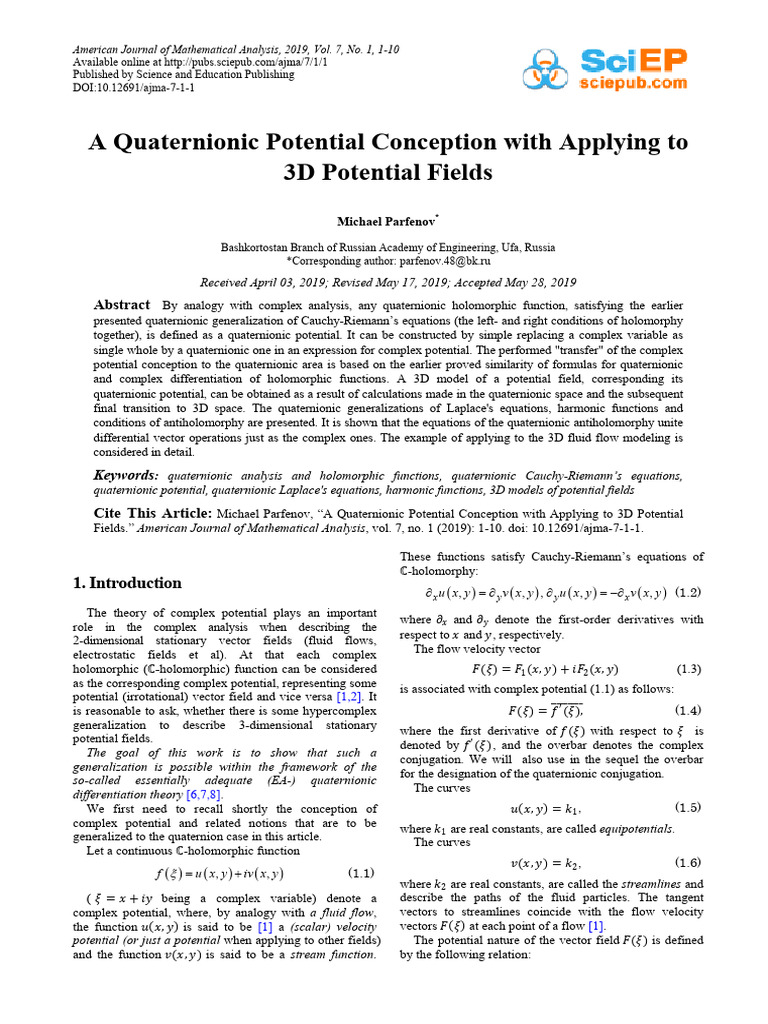 A Quaternionic Potential Conception With Applying To 3D Potential Fields | PDF | Holomorphic ...