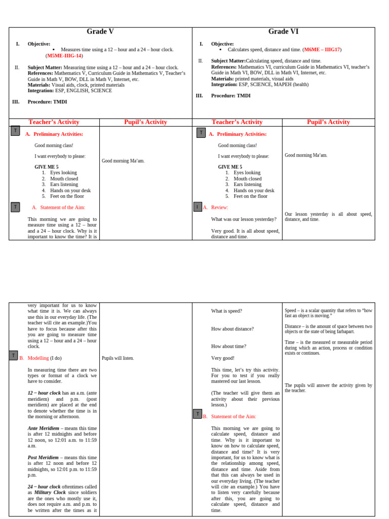 Grade 5 & 6 Time and Speed Math Lesson | PDF | Speed | Distance