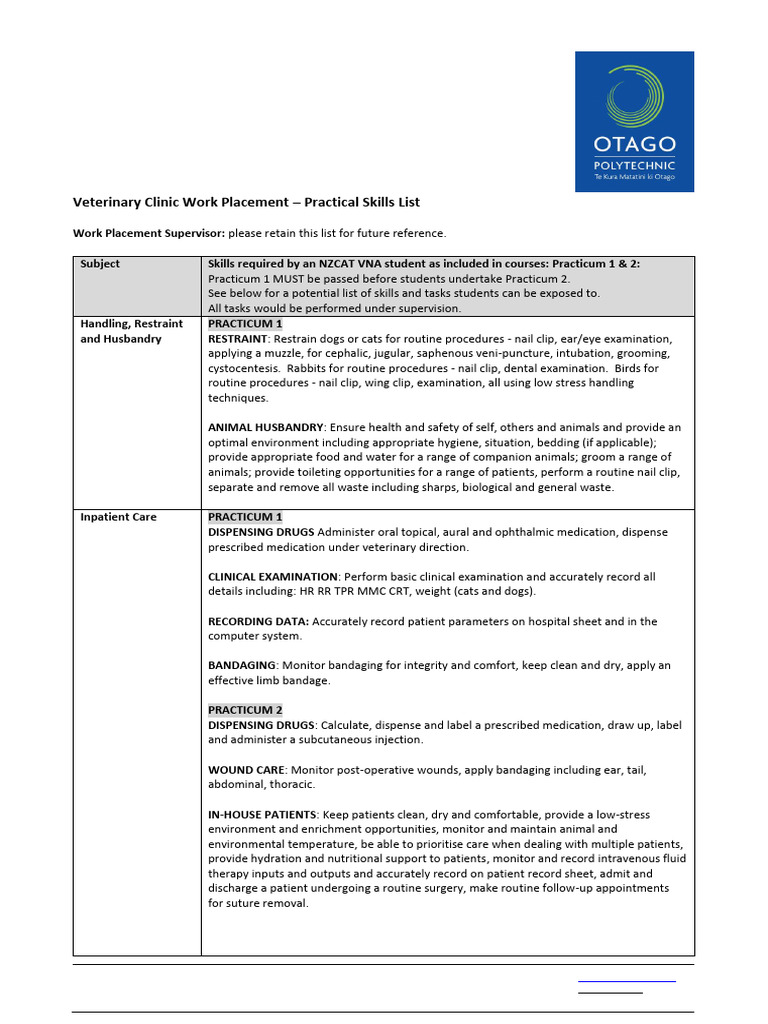 Veterinary Clinic Work Placement Practical Skills List | PDF | Surgery ...