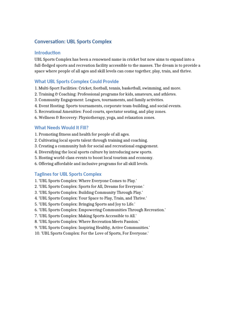 UBL Sports Complex Conversation | PDF