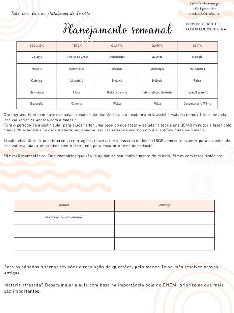 Planejamento Semanal ?CALOURADEMEDICINA | PDF