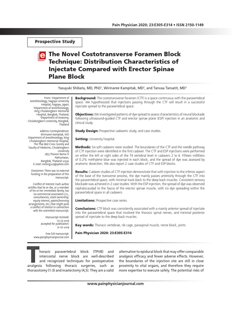 The Novel Costotransverse Foramen Block Technique: Distribution ...