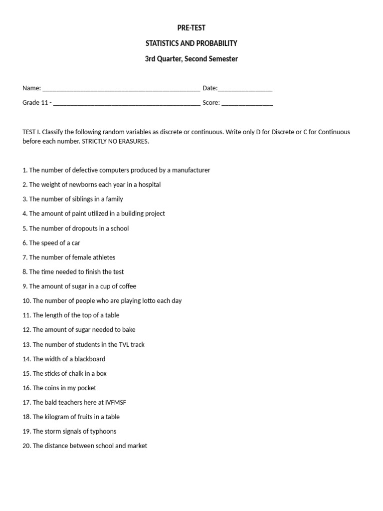 PRE-TEST | PDF | Sampling (Statistics) | Mean
