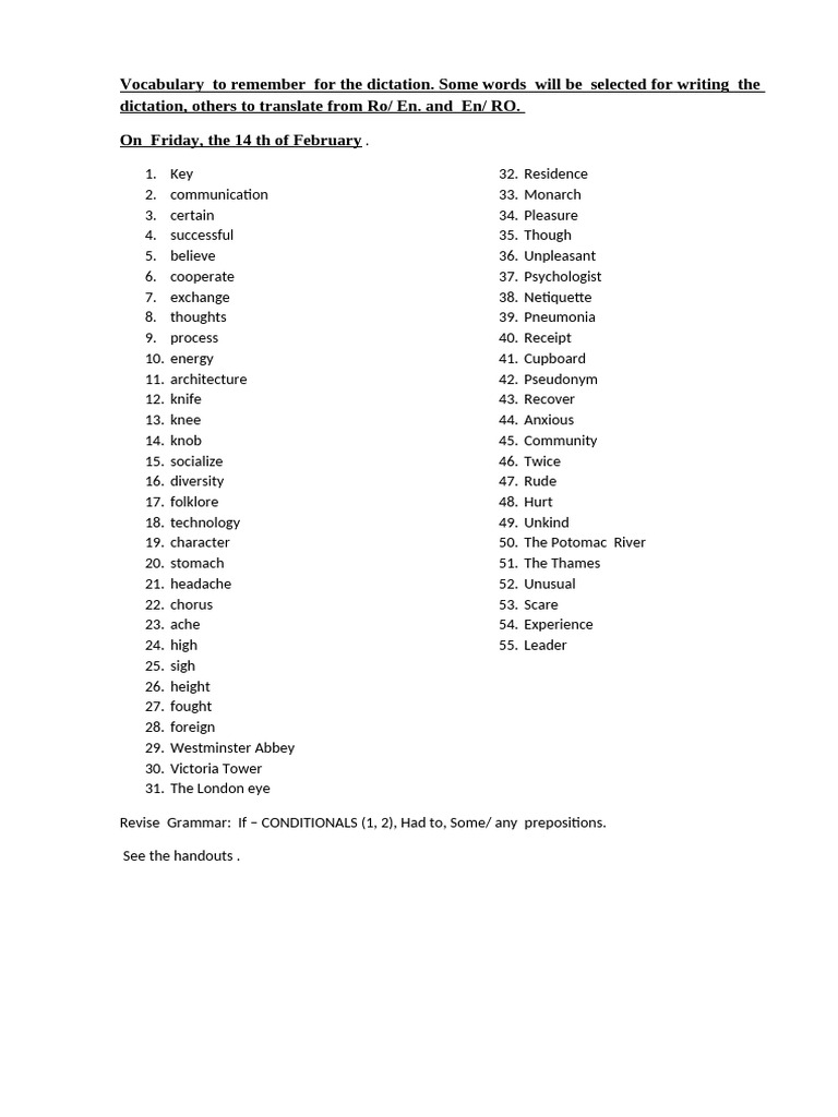 Vocabulary To Remember For The Dictation | PDF