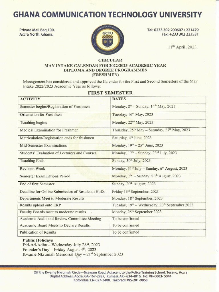 Circular May Intake Calendar For 2022 2023 Academic Year | PDF