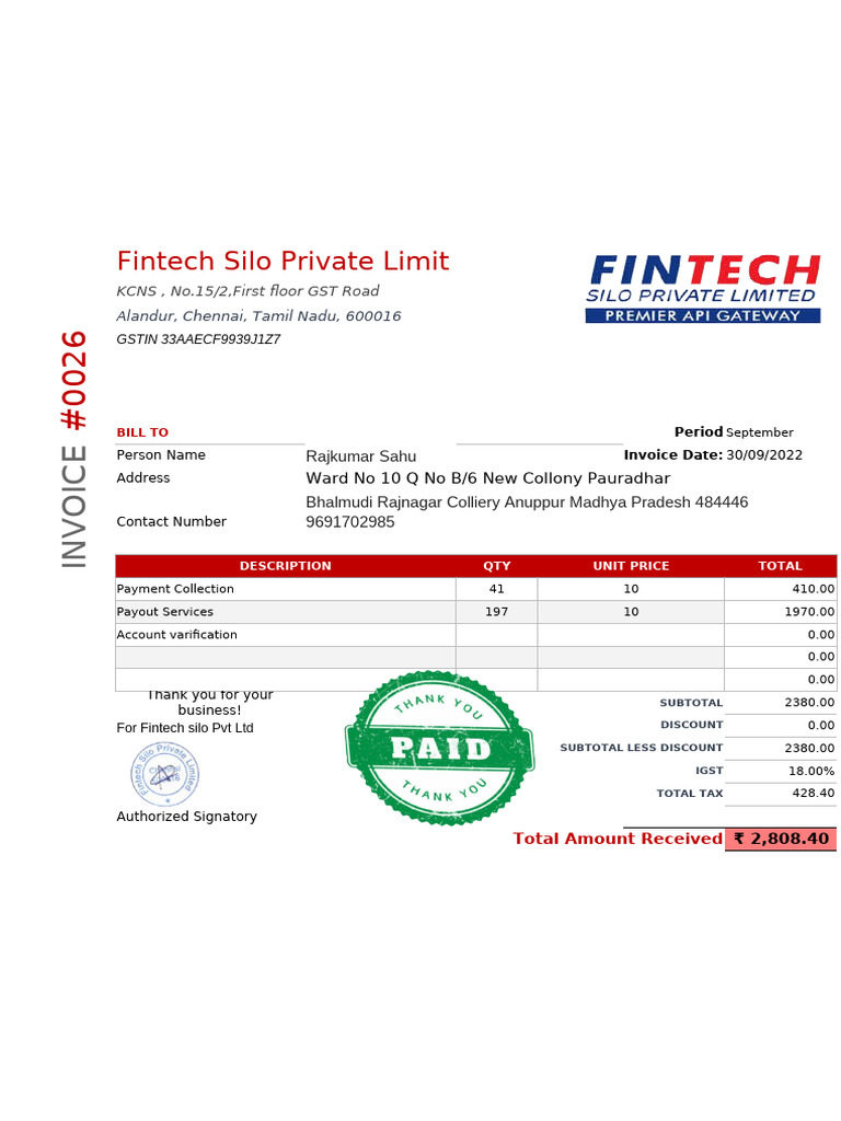 Invoice for Rajkumar Sahu - Sept 2022 | PDF