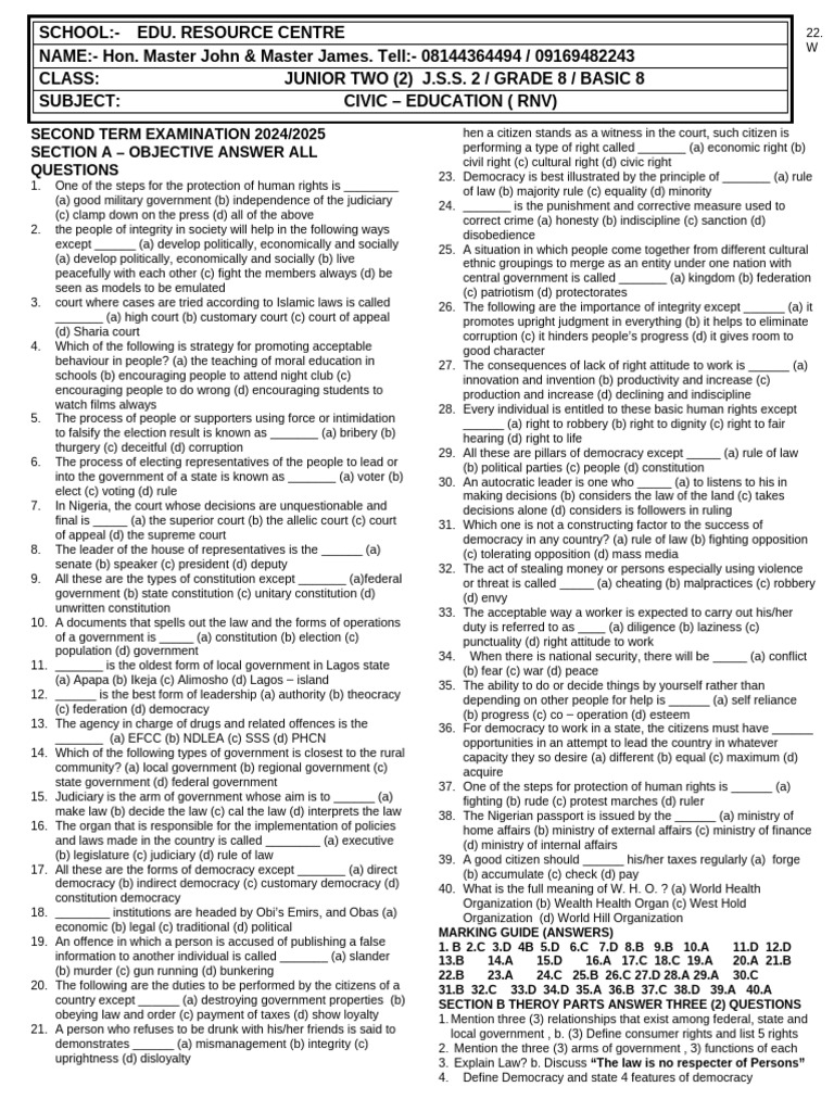 Civic Education Exam: JSS2 Democracy Focus | PDF | Constitution | Justice