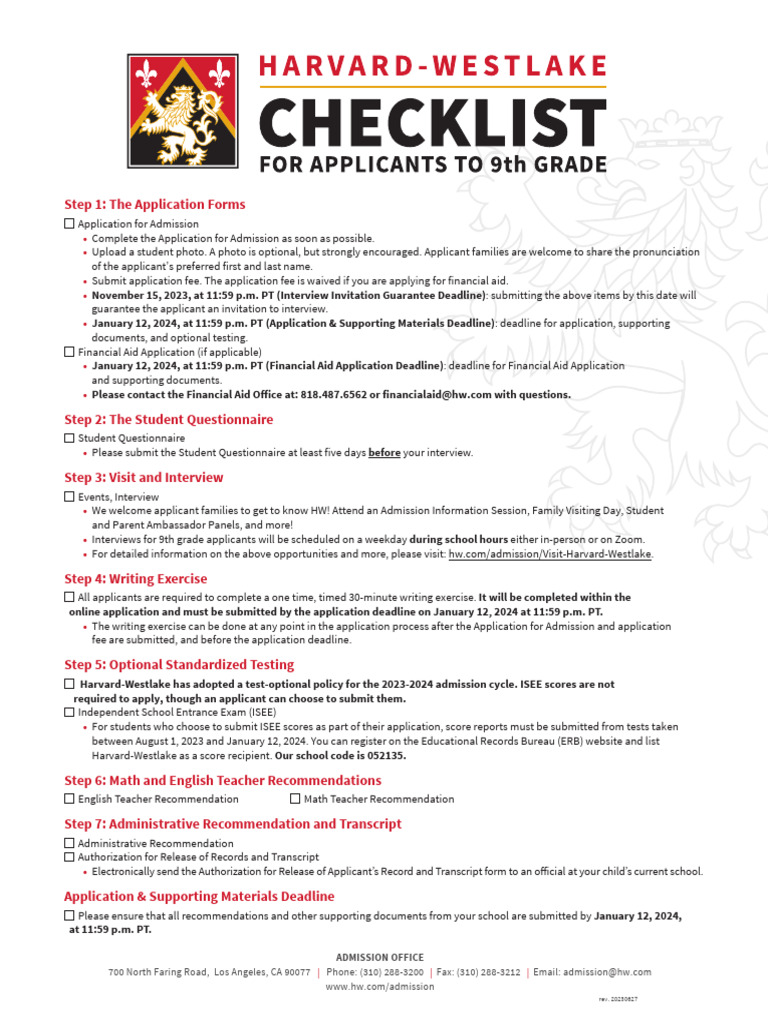 9th Grade Admission Checklist 23-24 (harvard westlake) | PDF | University And College Admission