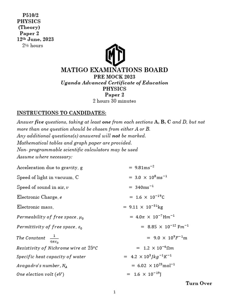 Matigo Pre Mock Phy 2 Uace Question Paper 2023 | PDF | Inductor | Inductance