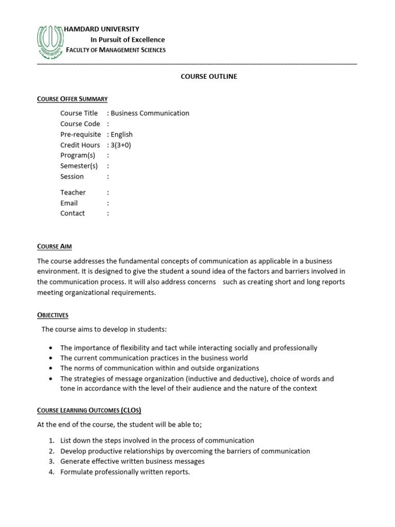 Business Communication Course Outline | PDF | Course Credit | Communication