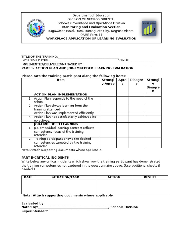 QAME Form 11 Workplace Application of Learning Evaluation | PDF