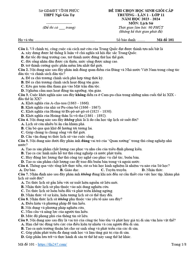 De Thi HSG Lich Su 11 Lan 1 Nam 2023 2024 Truong THPT Ngo Gia Tu Vinh Phuc | PDF