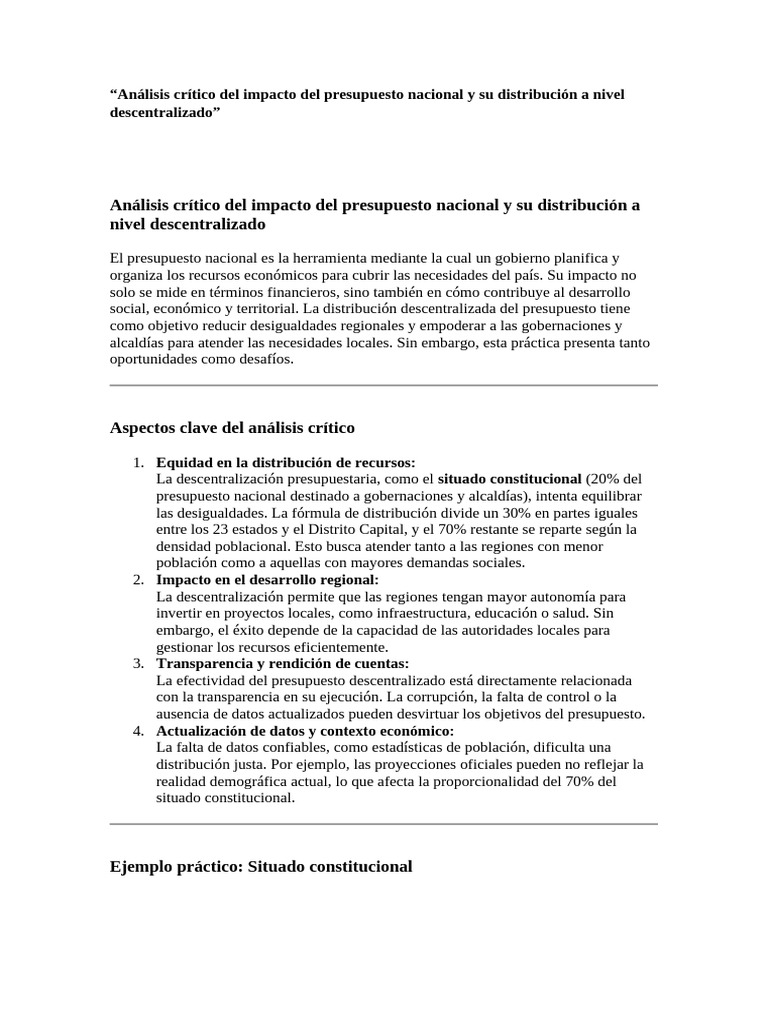 Análisis Crítico Del Impacto Del Presupuesto Nacional y Su Distribución ...