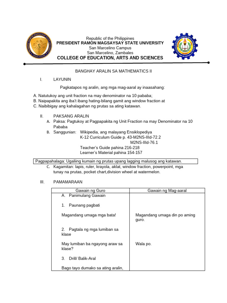 BANGHAY ARALIN SA MATHEMATICS II ni FINAL | PDF