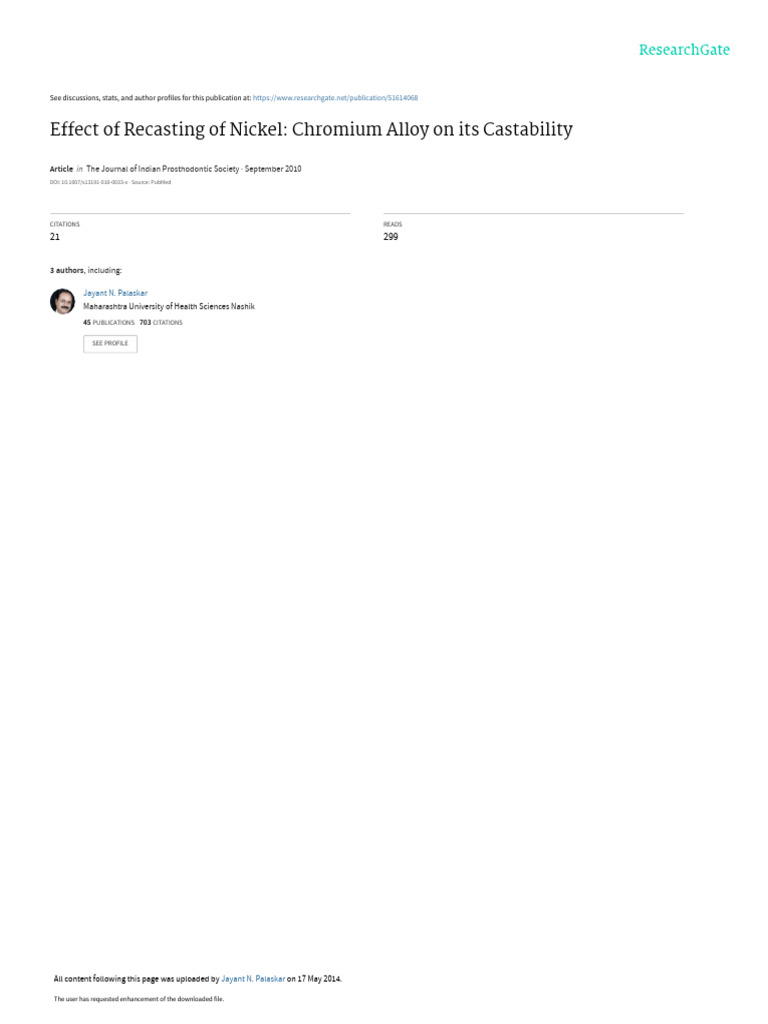Effect of Recasting of Nickel Chromium Alloy On Its Castability | PDF ...