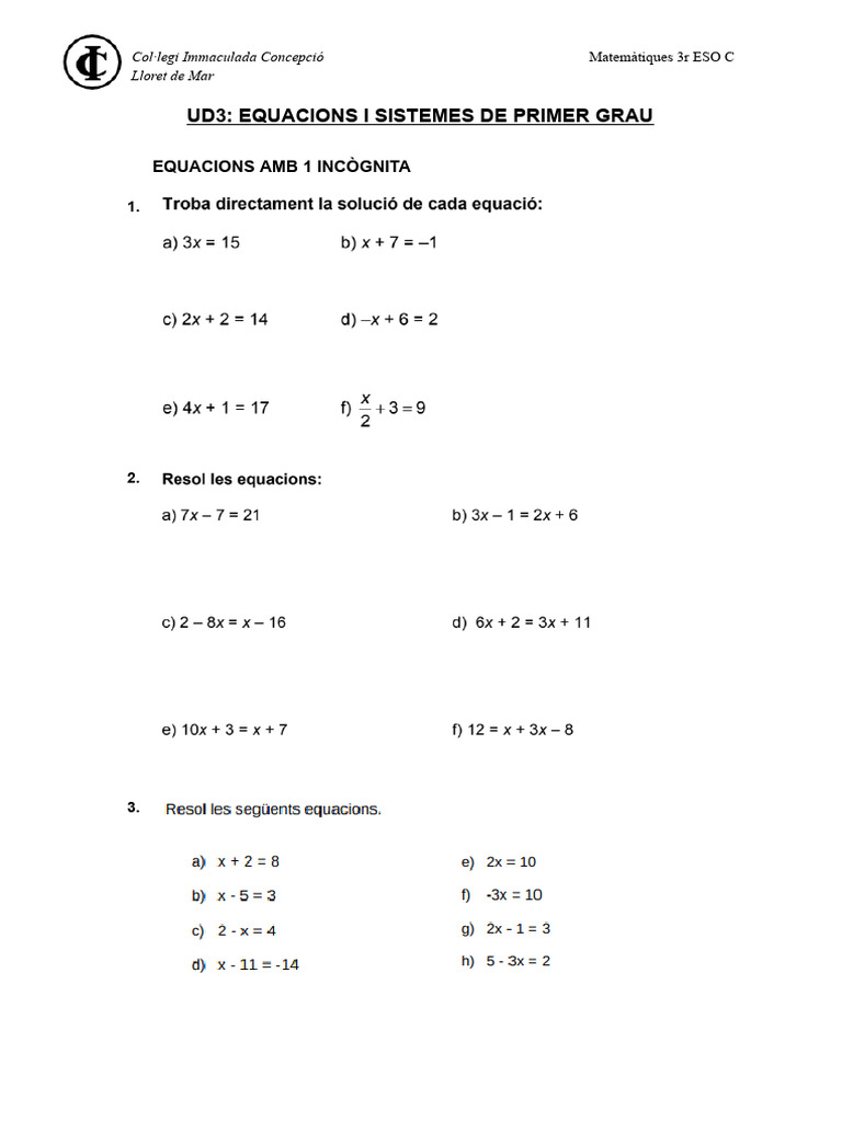 UD3_ EQUACIONS I SISTEMES DE PRIMER GRAU | PDF
