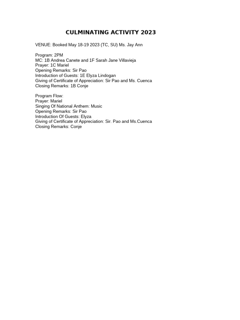 Culminating Activity 2023 | PDF